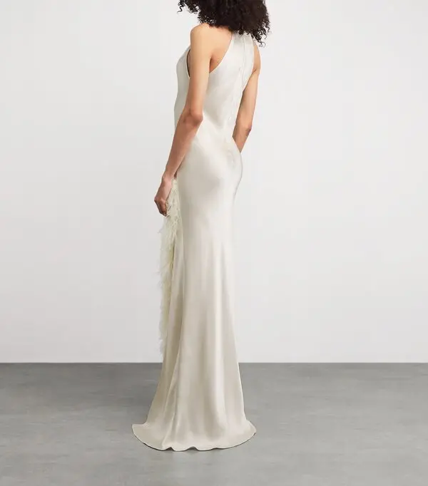 Lapointe Satin Feather-trim Halterneck Gown - Ivory