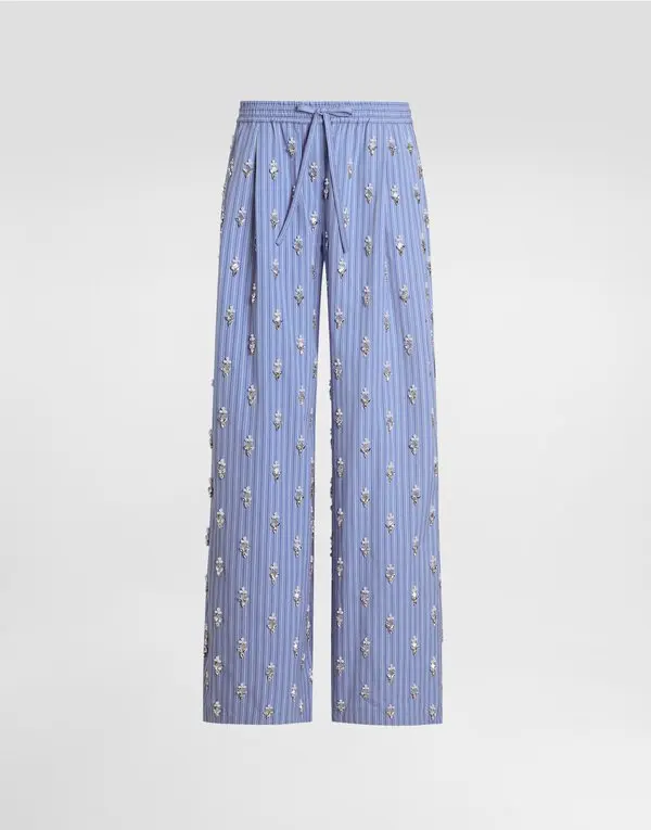 Dolce & Gabbana Poplin Trousers With Crystal Flower Embroidery - Multicolor