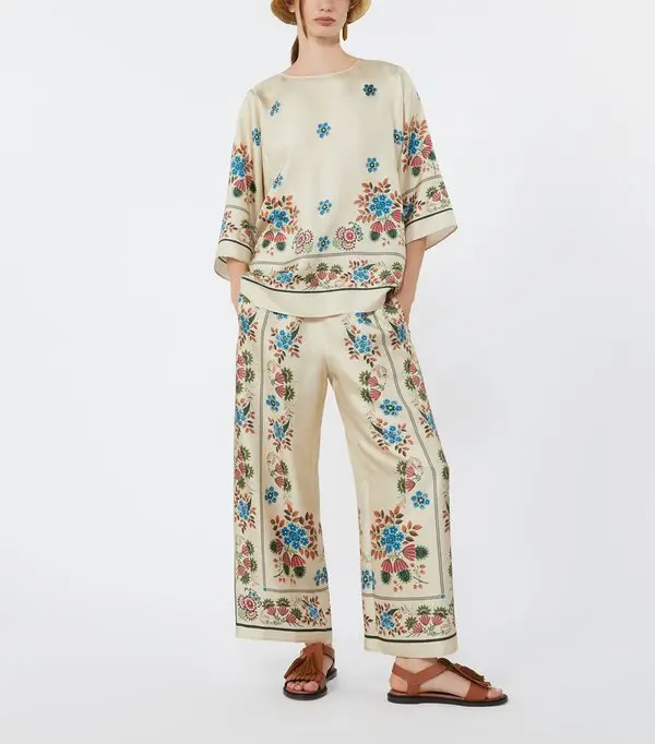 Max Mara Silk Floral Ankle-length Trousers - White