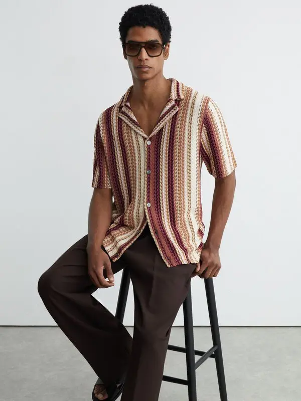 REISS Fleet Stripe-knit Cuban-collar Shirt - Pink