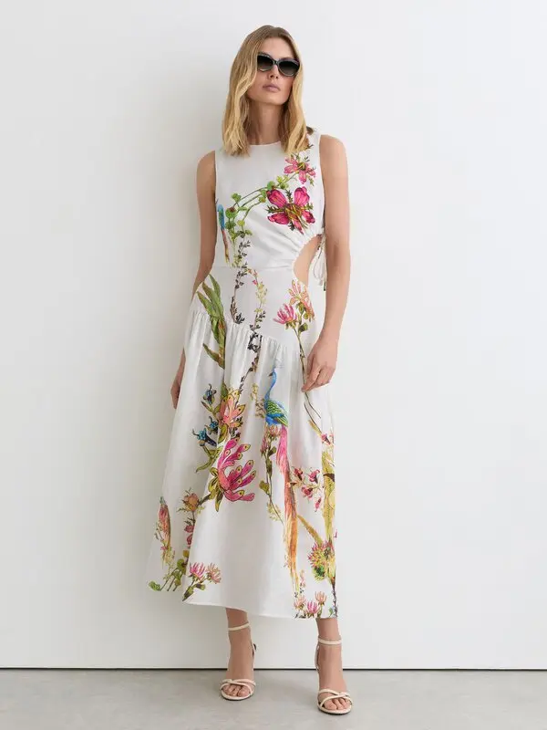 REISS Bianca Petite Linen Floral-print Midi Dress