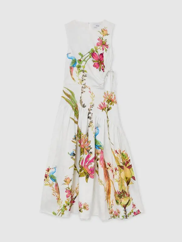 REISS Bianca Petite Linen Floral-print Midi Dress