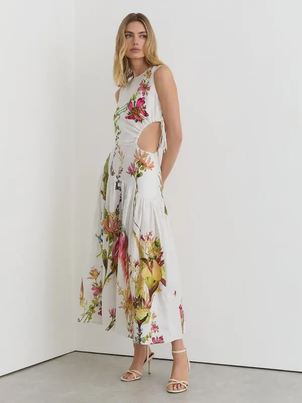 REISS Bianca Petite Linen Floral-print Midi Dress