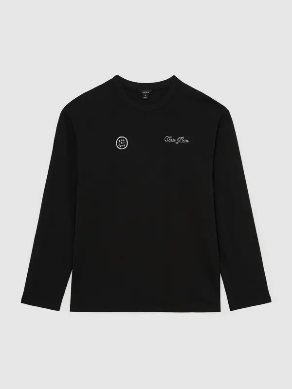 REISS Suave Cotton Motif Long-sleeve Relaxed T-shirt - Black