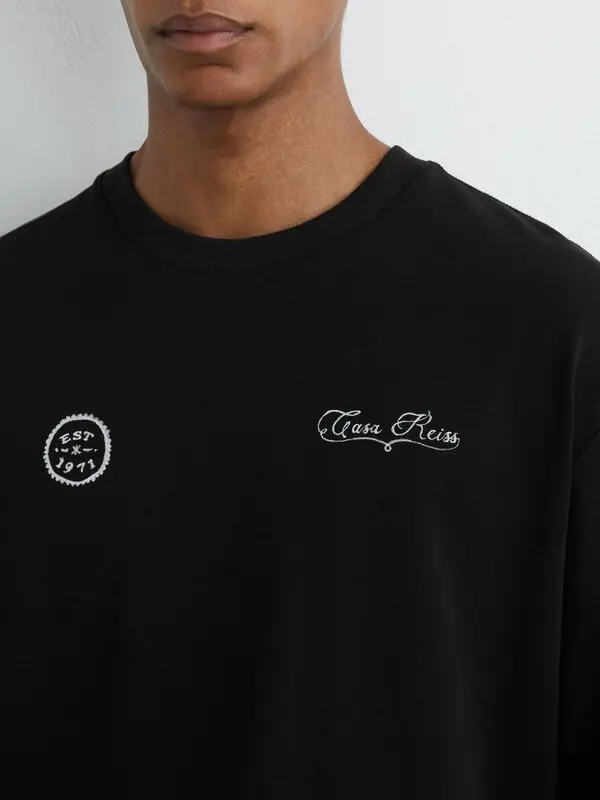 REISS Suave Cotton Motif Long-sleeve Relaxed T-shirt - Black
