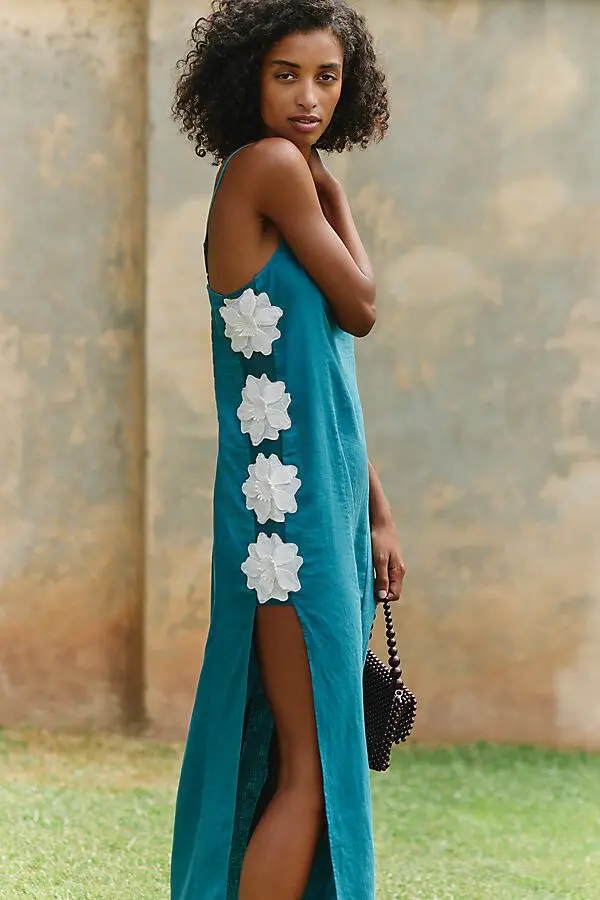 CELANDINE Flower Deco Cutout Maxi Dress - Dark Blue