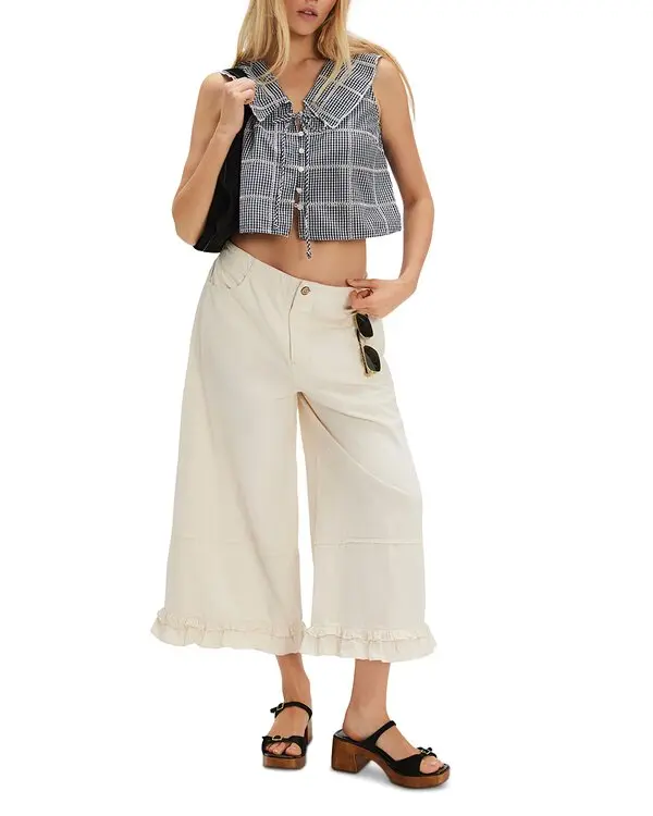 Free People Embroidered Gingham Tie Neck Top