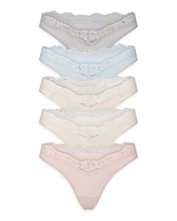 SKIMS Fits Everybody Lace Dipped Thongs, 5 Pack - Ivory Pearl Bow Multi