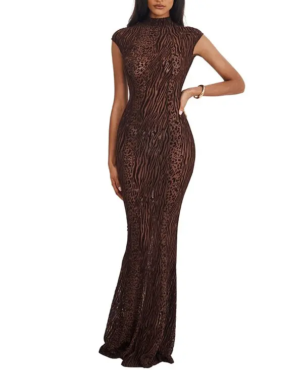 MISS CIRCLE Tyanna Burnout Velvet Mesh Backless Mermaid Maxi Dress - Mocha