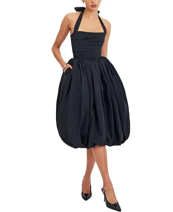 MISS CIRCLE Veradis Taffeta Halter Bubble-hem Midi Dress - Black