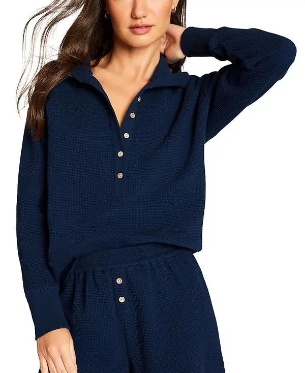 NEGATIVE Waffle Knit Pullover With Button Detailing - Navy