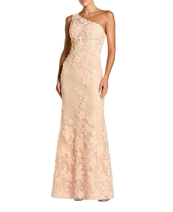 Mac Duggal One-shoulder Floral Embroidered Column Gown - Peach