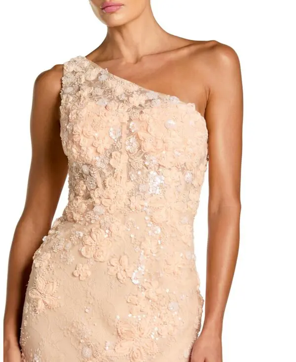 Mac Duggal One-shoulder Floral Embroidered Column Gown - Peach