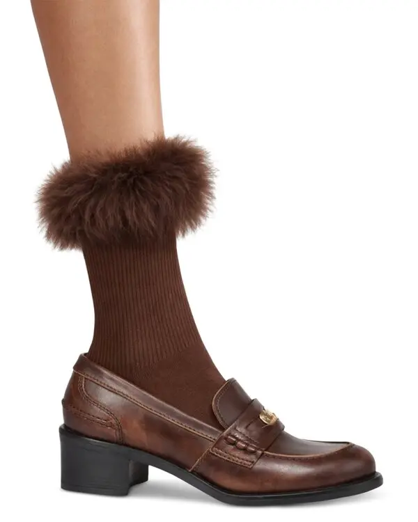 HIGH HEEL JUNGLE Frou Frou Faux Fur Trim Socks - Brown