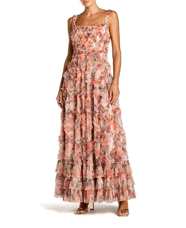 Mac Duggal Floral Mesh A-line Gown With Ruffle Detail