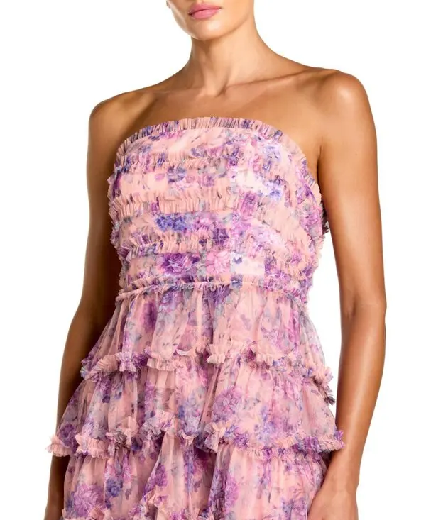 Mac Duggal Printed Mesh Strapless Ruffle A-line Midi Dress