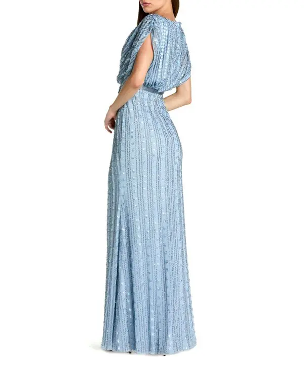 Mac Duggal Beaded Mesh Blouson V-neck Gown - Periwinkle