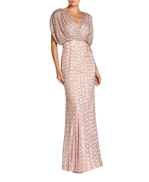 Mac Duggal Beaded Mesh Blouson V-neck Gown - Vintage Rose