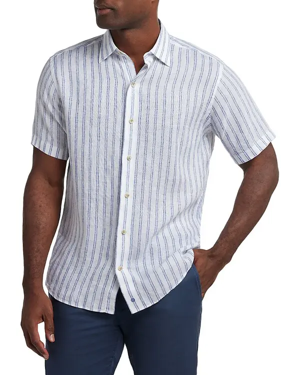 David Donahue Linen Stripe Short Sleeve Shirt - White/ Blue