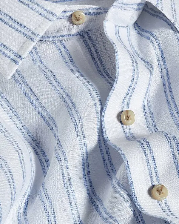 David Donahue Linen Stripe Short Sleeve Shirt - White/ Blue