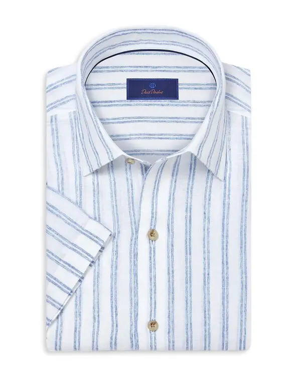David Donahue Linen Stripe Short Sleeve Shirt - White/ Blue
