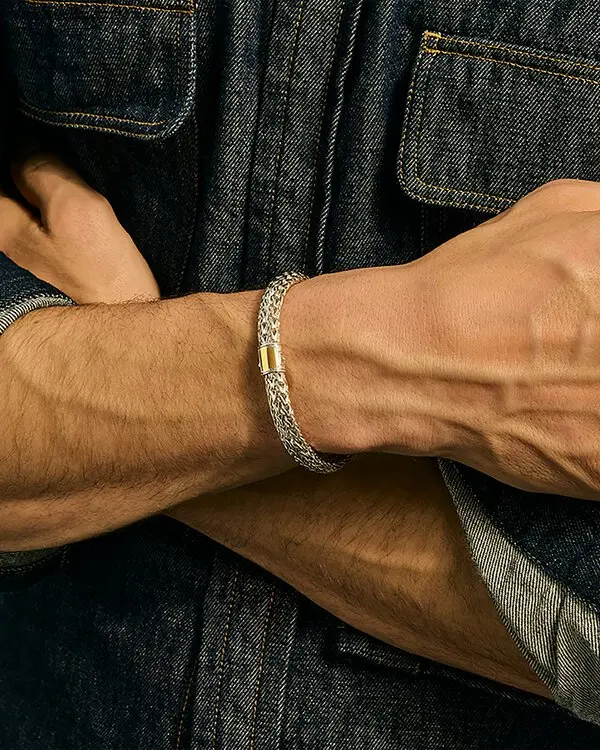 John Hardy 14k Yellow Gold & Sterling Woven Link Chain Bracelet - Silver