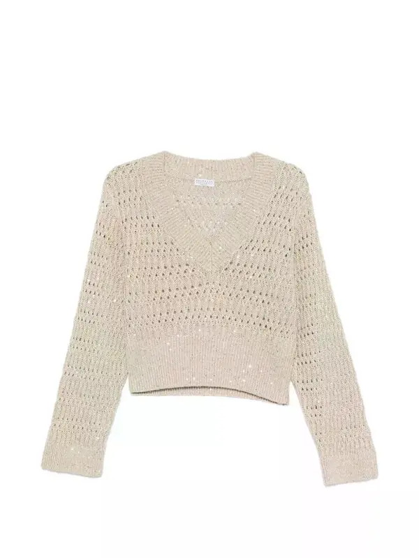 Brunello Cucinelli V-neck Openwork Knit Sweater - Neutrals