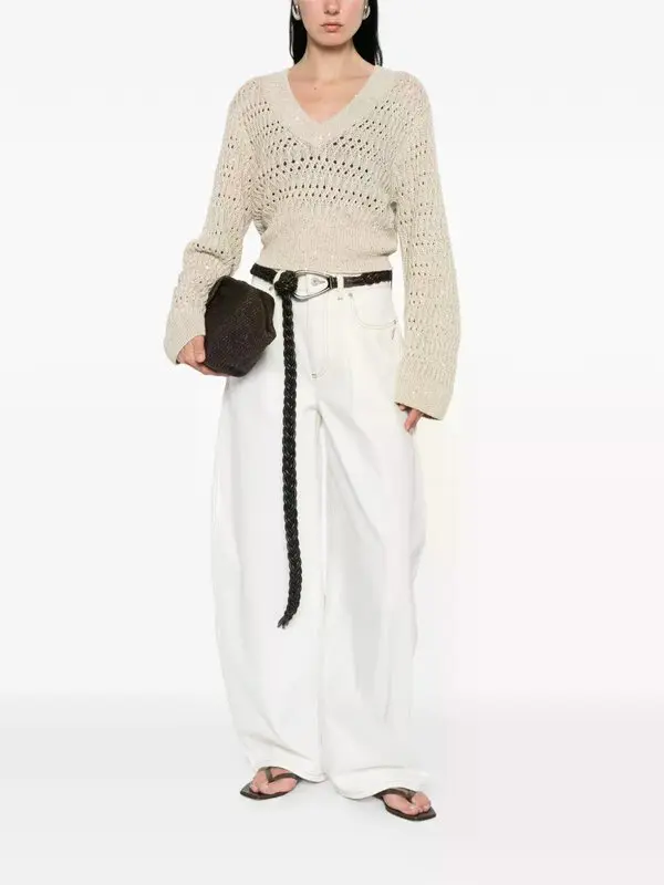 Brunello Cucinelli V-neck Openwork Knit Sweater - Neutrals