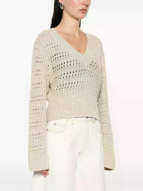 Brunello Cucinelli V-neck Openwork Knit Sweater - Neutrals