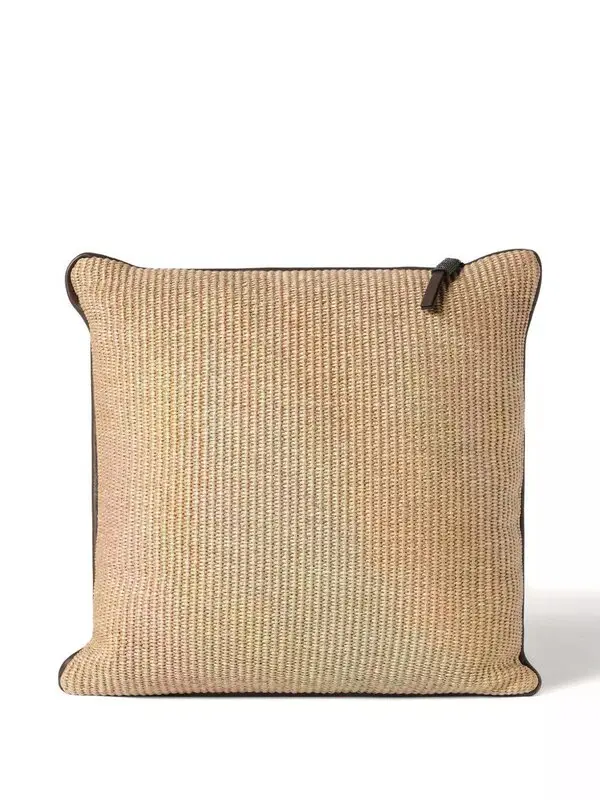 Brunello Cucinelli Raffia-effect Techno Cotton Cushion With Leather Piping - Neutrals