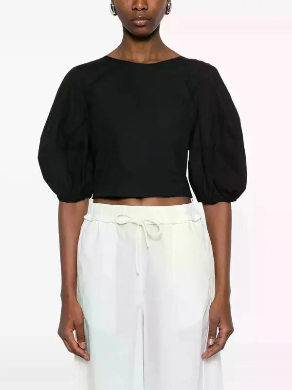 Pinko Cropped Open Back Blouse With Puff Sleeves - Black