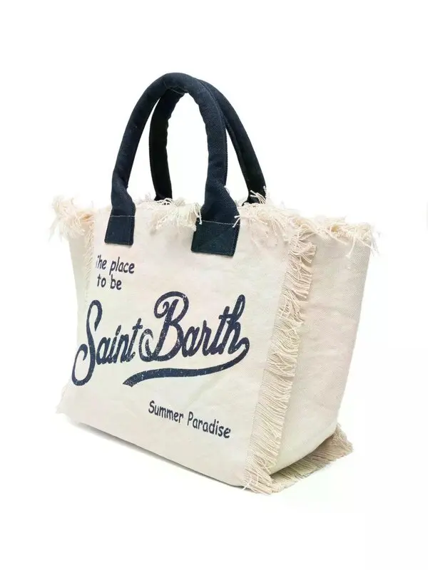 MC2 SAINT BARTH Canvas Tote Bag With Fringe And Logo Print - Neutrals