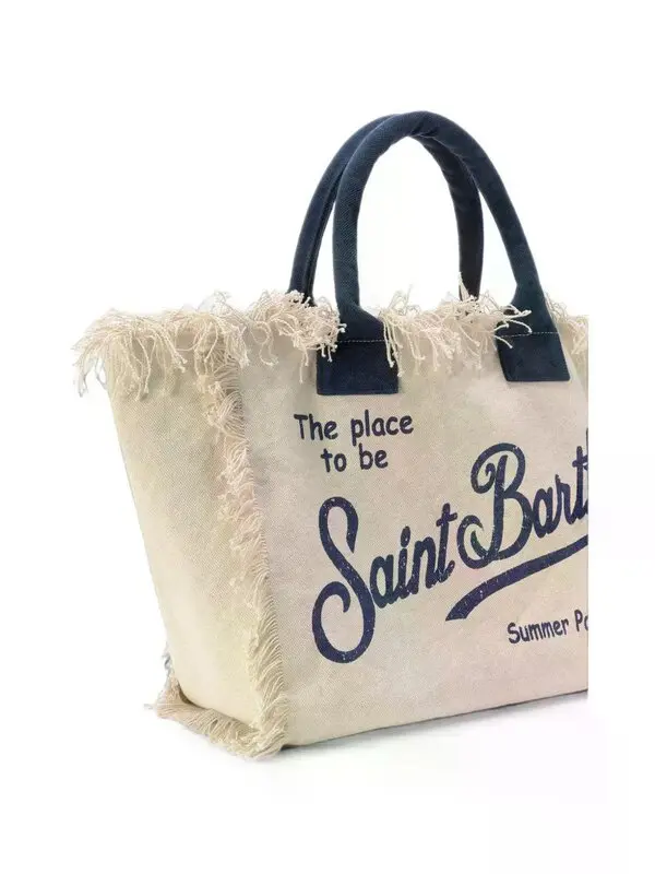 MC2 SAINT BARTH Canvas Tote Bag With Fringe And Logo Print - Neutrals