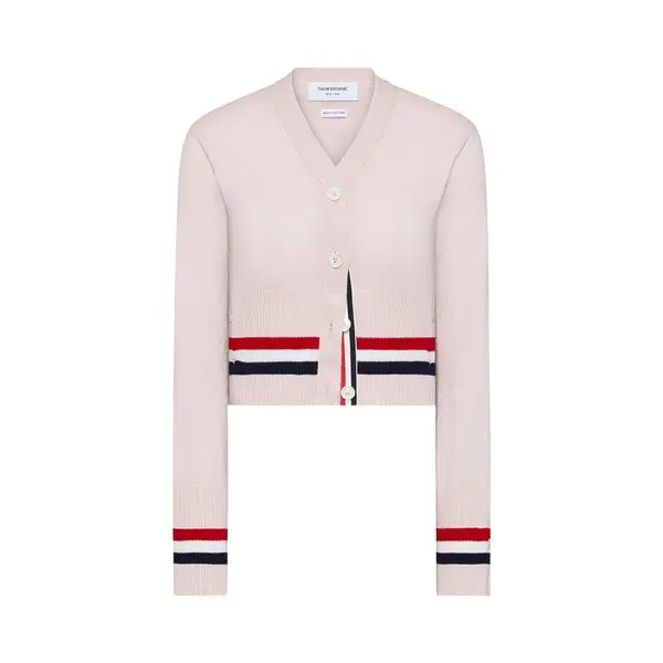 Thom Browne Rwb Stripe Cashmere Shrunken V Neck Cardigan 'light - Pink