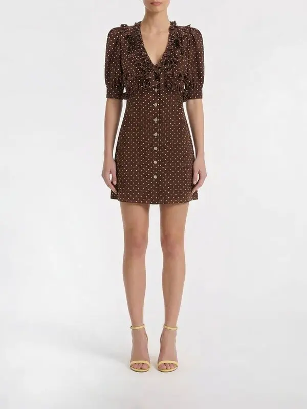 Alessandra Rich Polka Dot Ruffled Dress - Brown