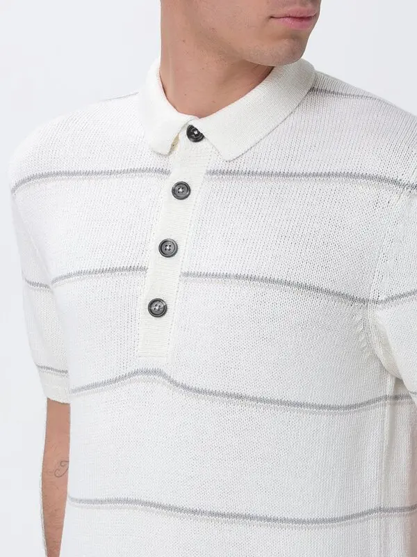 Eleventy Striped Cotton And Silk Knit Polo Shirt - White