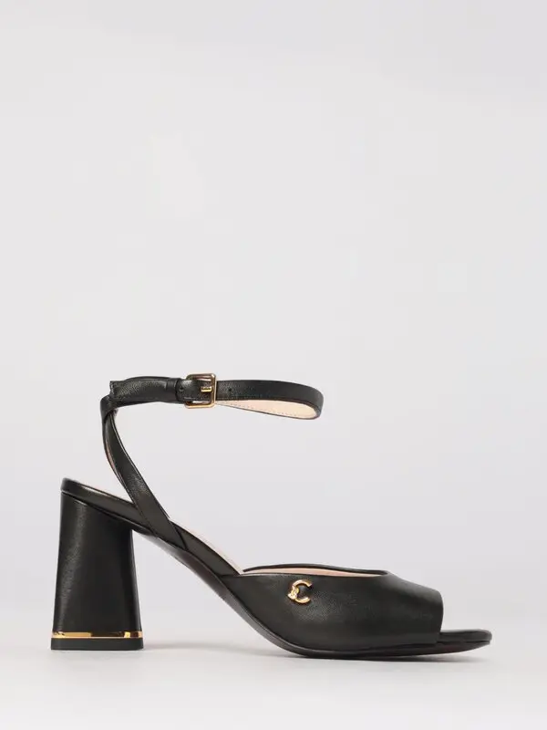 COCCINELLE Smooth Cow Leather High Heel Sandals With Metallic Monogram - Black