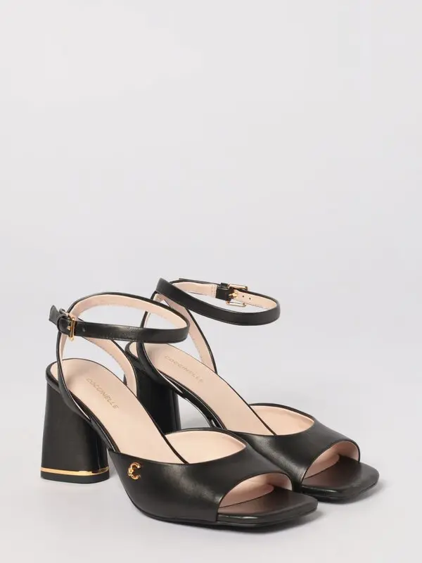 COCCINELLE Smooth Cow Leather High Heel Sandals With Metallic Monogram - Black