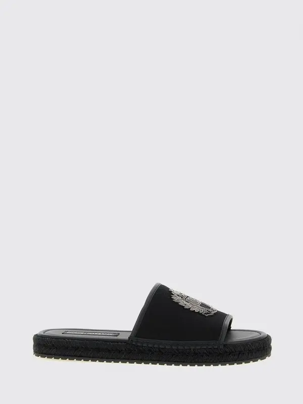 Dolce & Gabbana Cotton Canvas Sliders With Embroidered Patch - Black