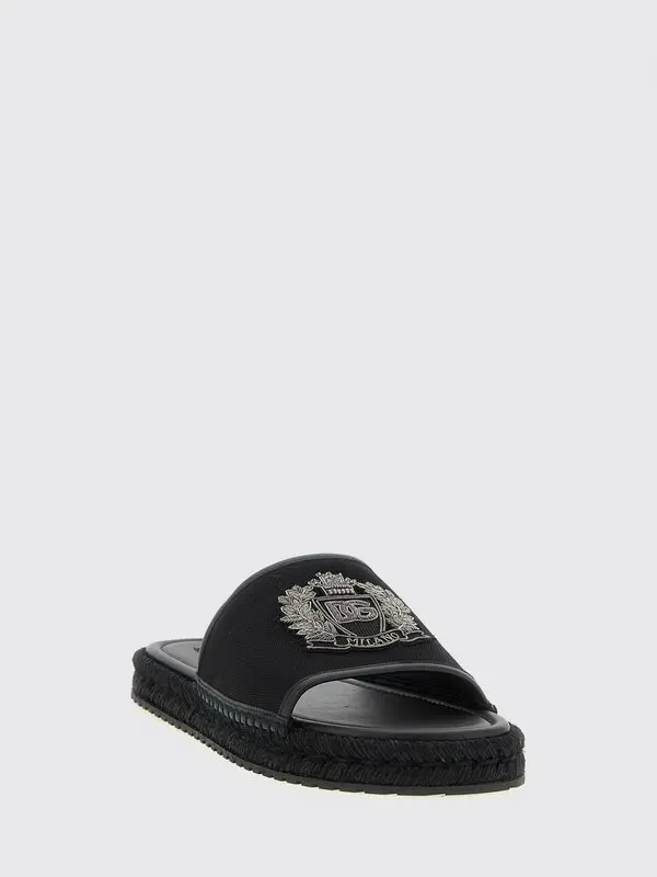 Dolce & Gabbana Cotton Canvas Sliders With Embroidered Patch - Black