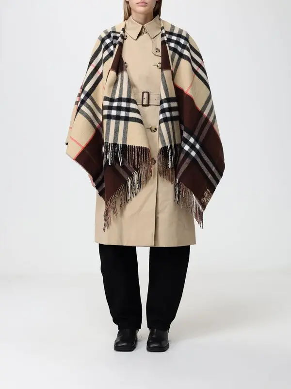 Burberry Cashmere Cape With Iconic Check Pattern And Frayed Hem - Beige