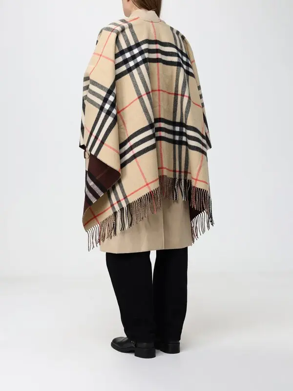 Burberry Cashmere Cape With Iconic Check Pattern And Frayed Hem - Beige