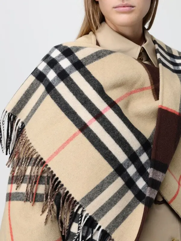 Burberry Cashmere Cape With Iconic Check Pattern And Frayed Hem - Beige