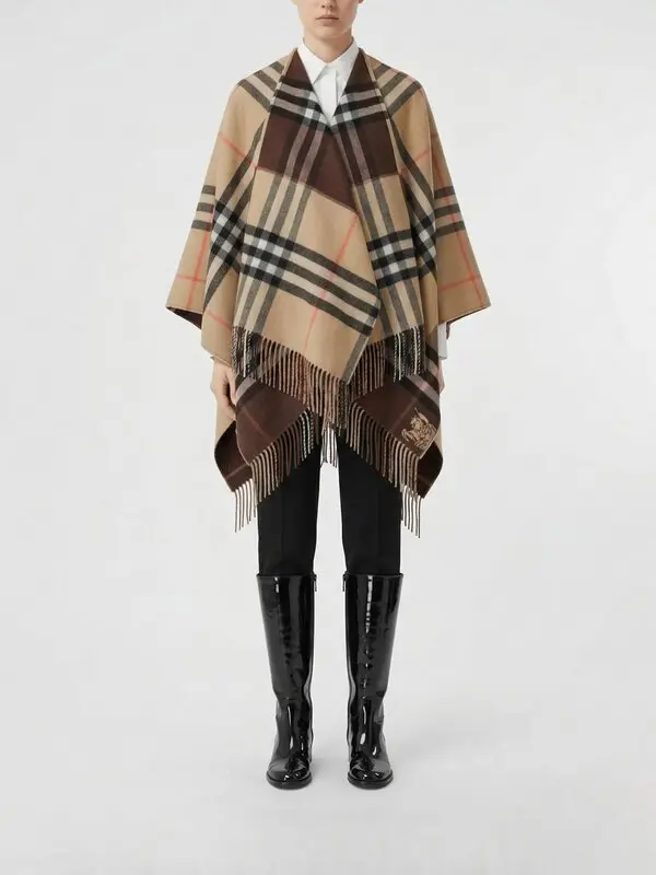 Burberry Cashmere Cape With Iconic Check Pattern And Frayed Hem - Red