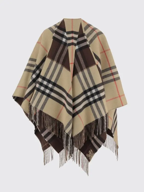 Burberry Cashmere Cape With Iconic Check Pattern And Frayed Hem - Red