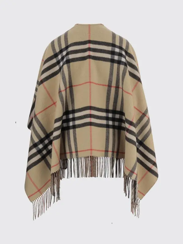 Burberry Cashmere Cape With Iconic Check Pattern And Frayed Hem - Red