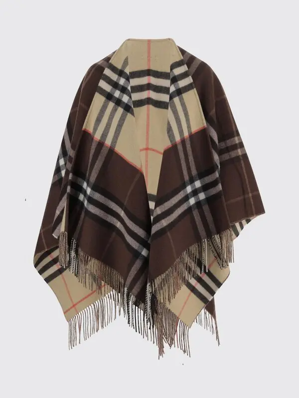 Burberry Cashmere Cape With Iconic Check Pattern And Frayed Hem - Red