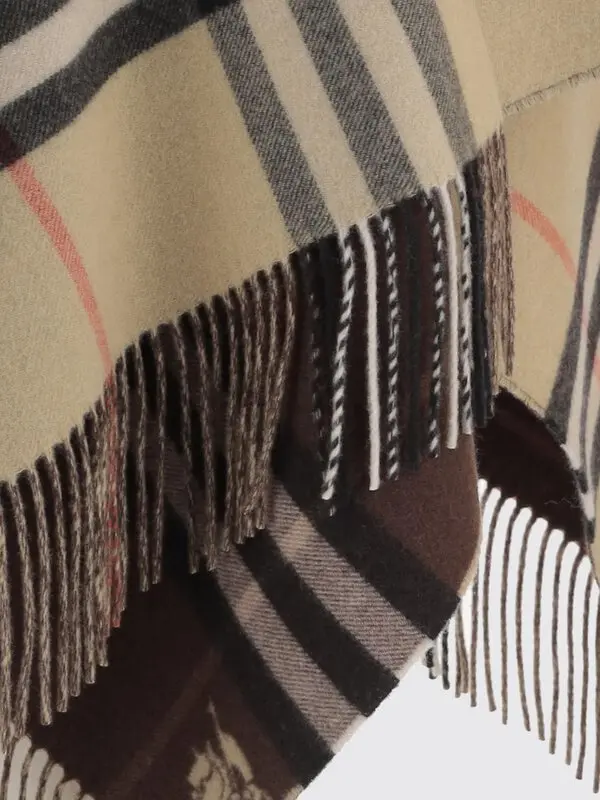 Burberry Cashmere Cape With Iconic Check Pattern And Frayed Hem - Red