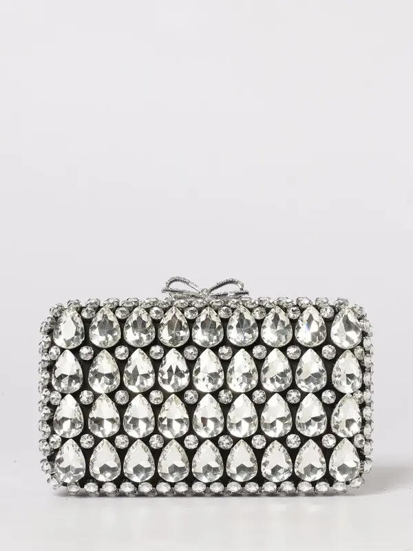 SELF-PORTRAIT Embellished Satin Clutch With Rhinestones And Bow Appliqu - Black