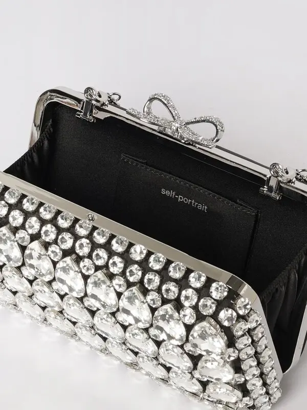 SELF-PORTRAIT Embellished Satin Clutch With Rhinestones And Bow Appliqu